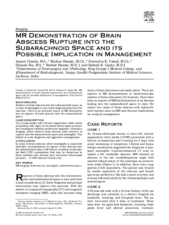 (PDF) Mr demonstration of brain abscess rupture into the subarachnoid ...