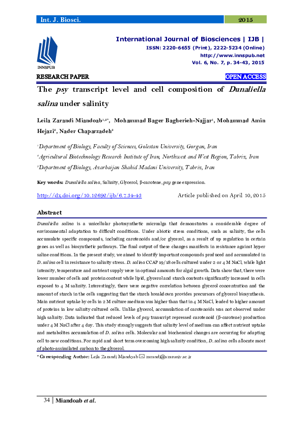 (PDF) The psy transcript level and cell composition of Dunaliella salina under salinity