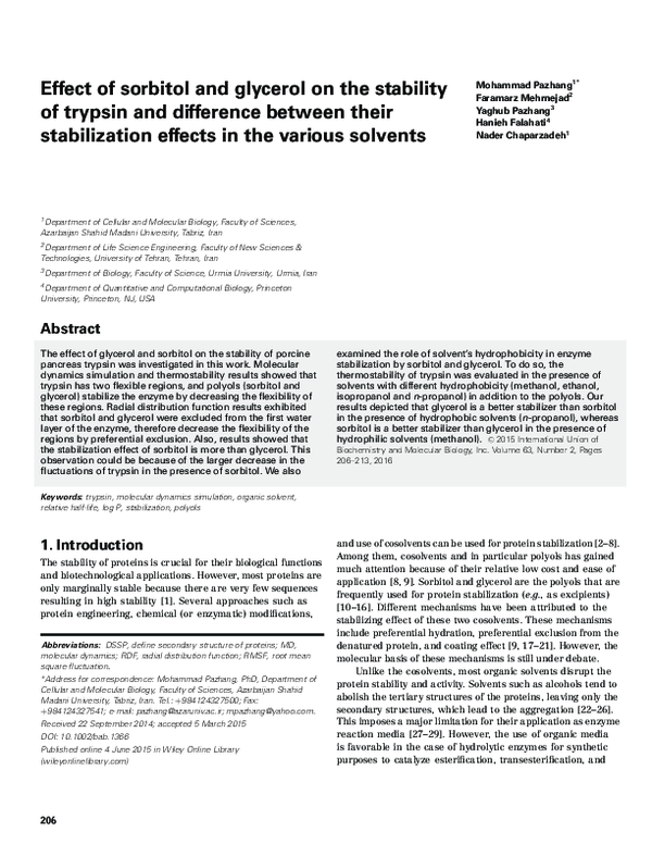 (PDF) Effect of sorbitol and glycerol on the stability of trypsin and ...