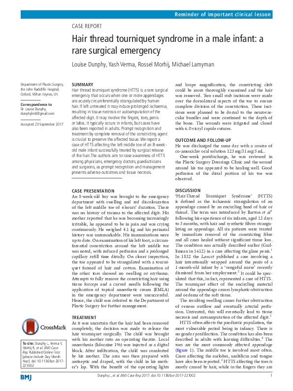 (PDF) Hair thread tourniquet syndrome in a male infant: a rare surgical ...