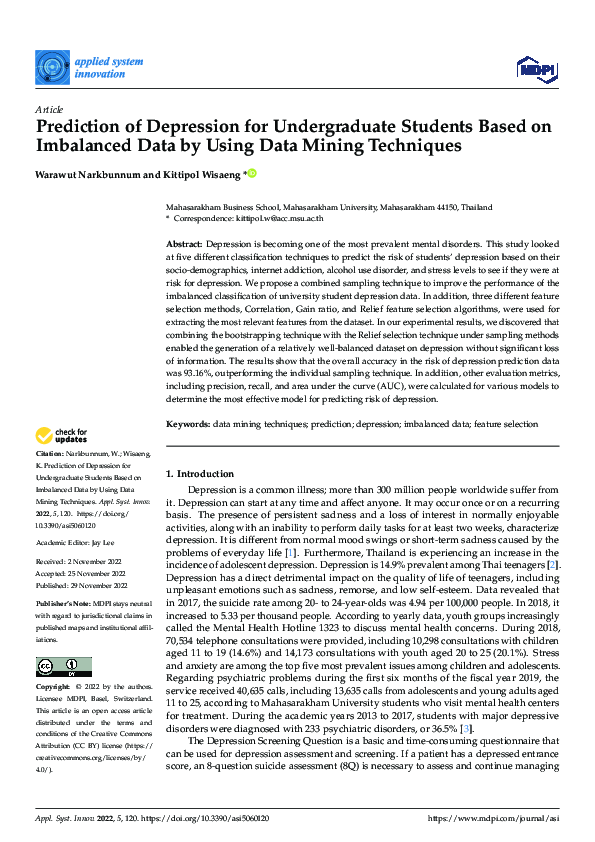 (PDF) Prediction of Depression for Undergraduate Students Based on Imbalanced Data by Using Data ...