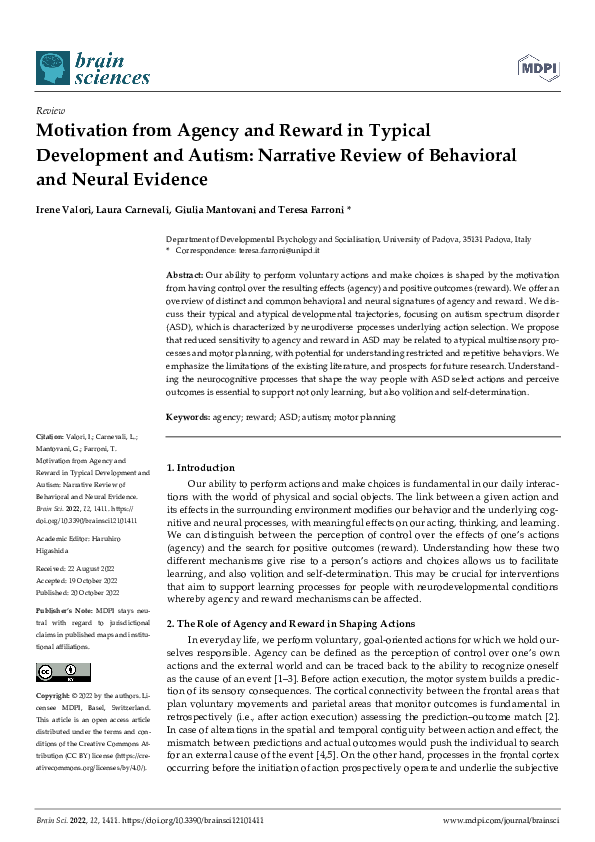(PDF) Motivation from Agency and Reward in Typical Development and Autism: Narrative Review of ...