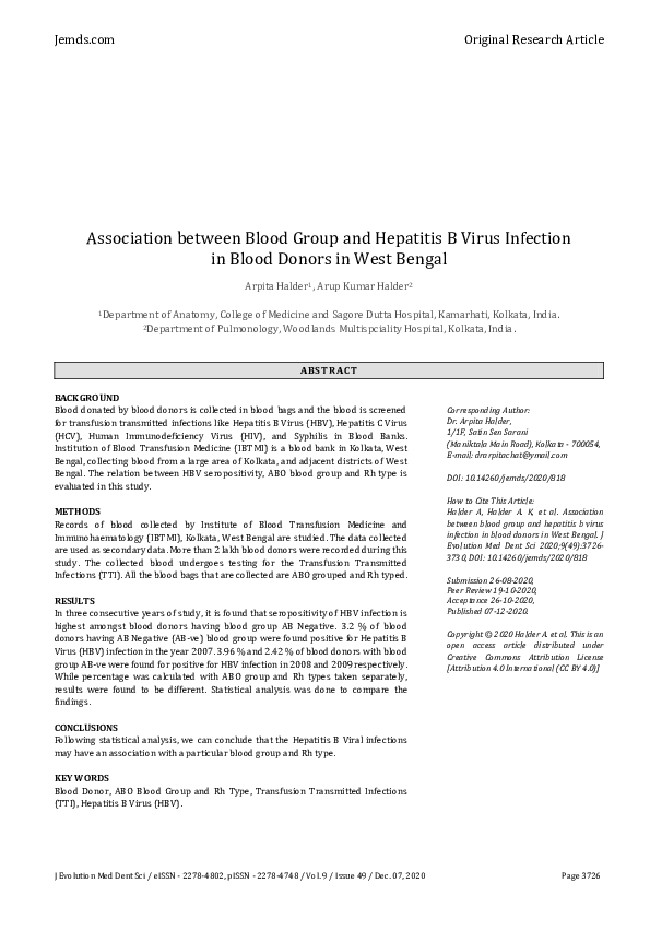 (PDF) Association between Blood Group and Hepatitis B Virus Infection ...