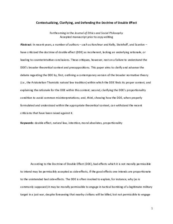 (DOC) Contextualizing, Clarifying and Defending the Doctrine of Double Effect