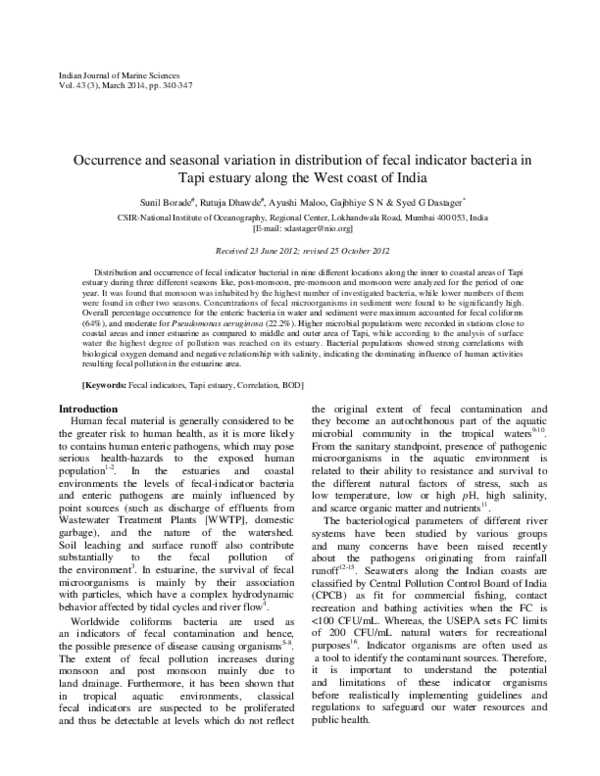 (PDF) Occurrence and seasonal variation in distribution of fecal indicator bacteria in Tapi ...