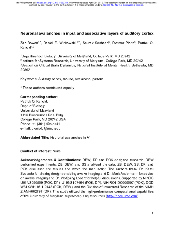 (PDF) Neuronal avalanches in input and associative layers of auditory ...