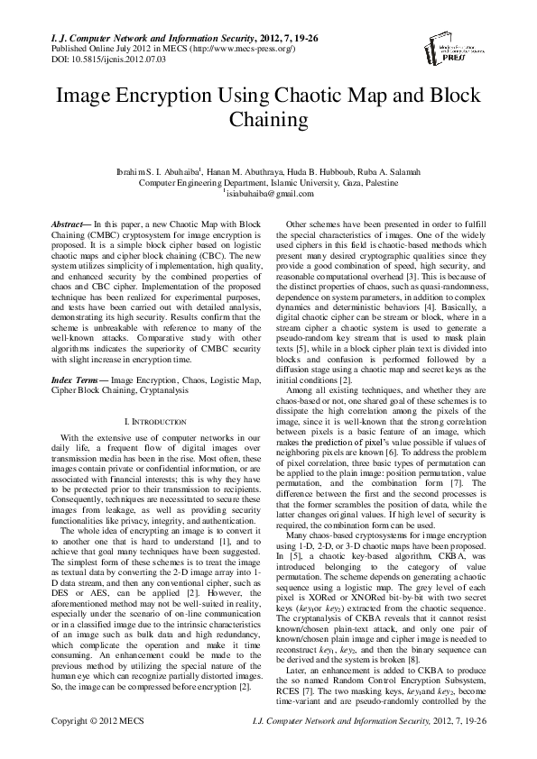 (PDF) Image Encryption Using Chaotic Map and Block Chaining