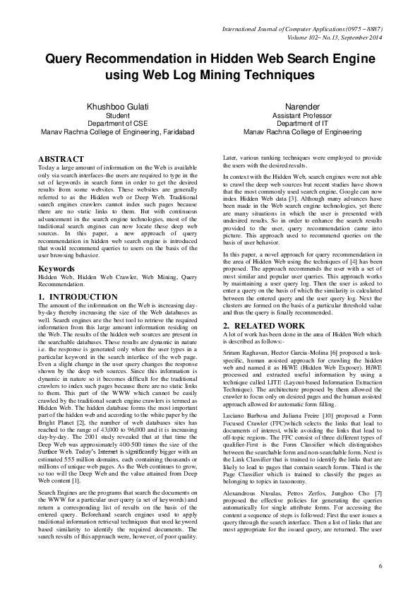 Pdf Query Recommendation In Hidden Web Search Engine Using Web Log Mining Techniques