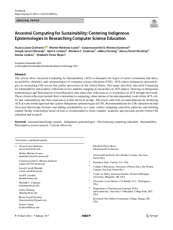 (PDF) Ancestral Computing for Sustainability: Centering Indigenous Epistemologies in Researching ...