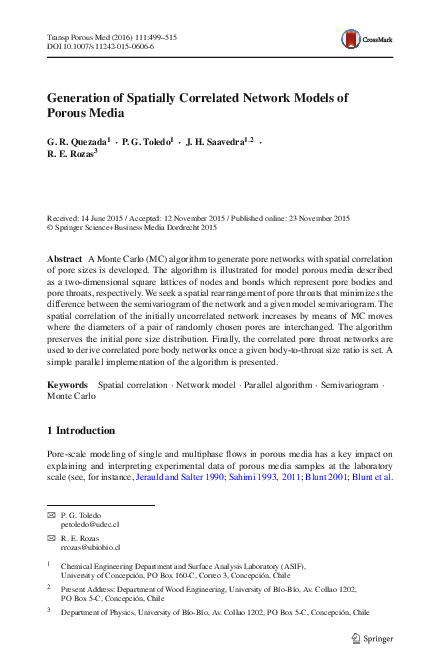 (PDF) Generation of Spatially Correlated Network Models of Porous Media
