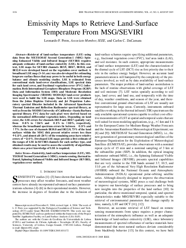 (PDF) Emissivity maps to retrieve land-surface temperature from MSG/SEVIRI