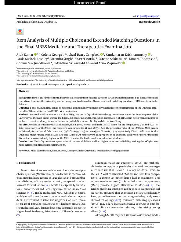 (PDF) Item Analysis of Multiple Choice and Extended Matching Questions ...