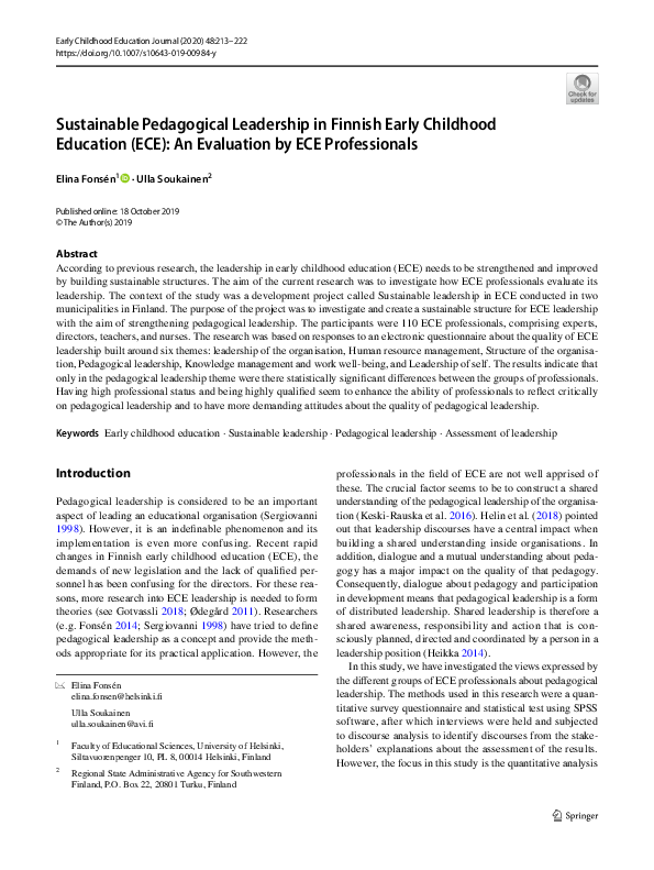 (PDF) Sustainable Pedagogical Leadership in Finnish Early Childhood ...