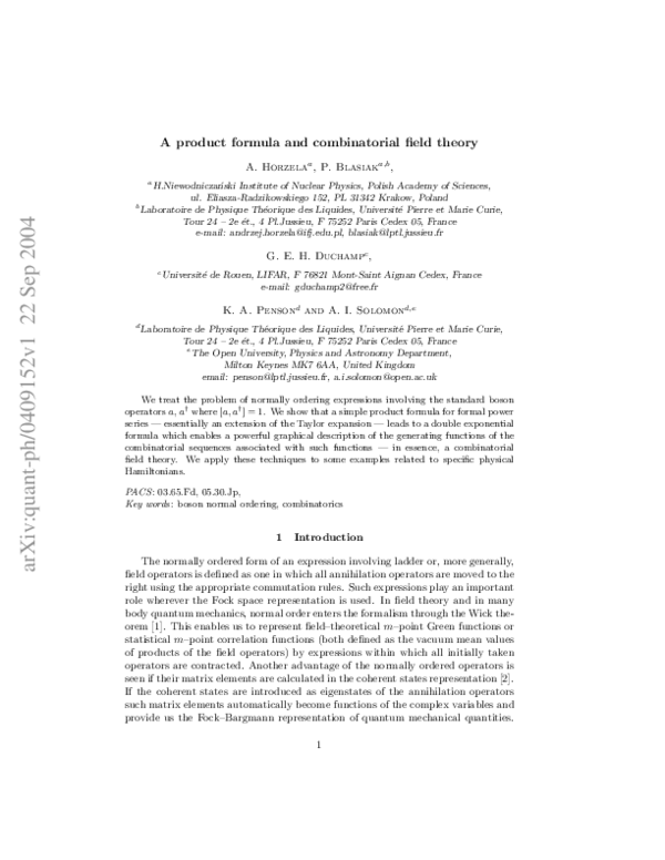 (PDF) A product formula and combinatorial field theory