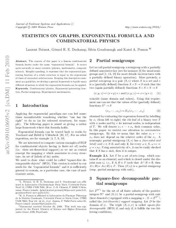 (PDF) Statistics on graphs, exponential formula and combinatorial physics