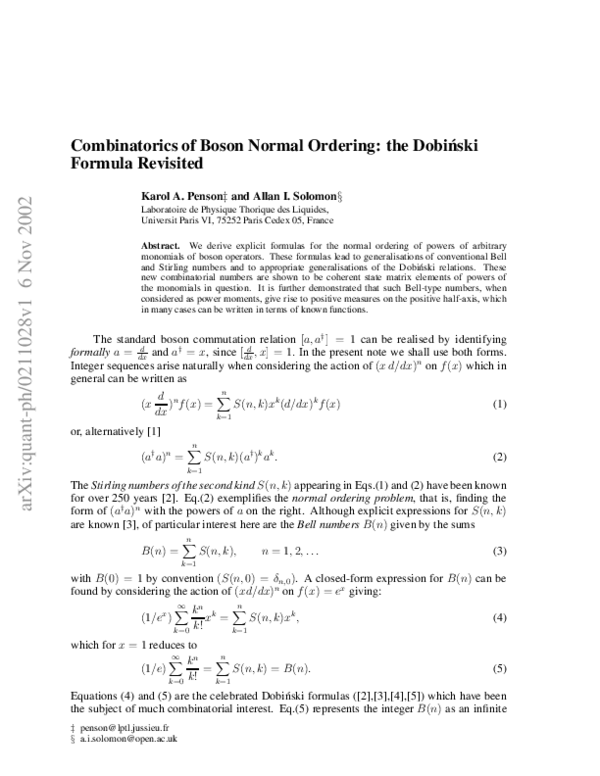 (PDF) Combinatorics of Boson Normal Ordering: the Dobinski Formula Revisited | Karol Penson ...