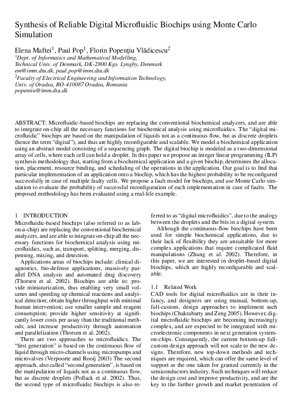 (PDF) Synthesis of Reliable Digital Microfluidic Biochips using Monte ...
