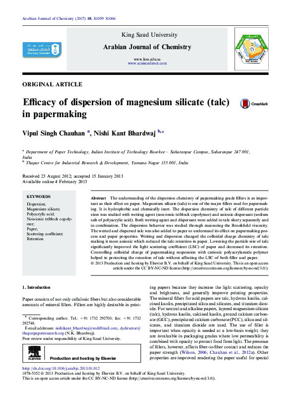 (PDF) Efficacy of dispersion of magnesium silicate (talc) in papermaking