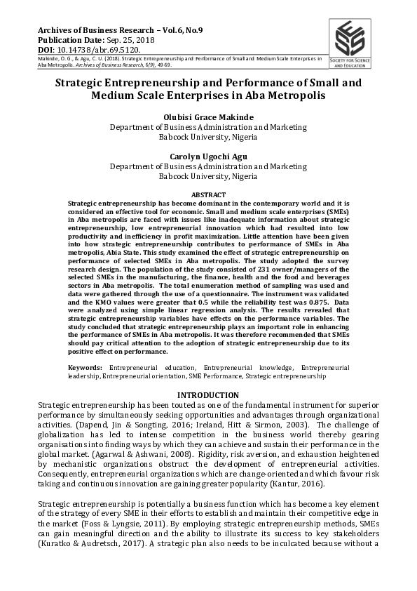 (PDF) Strategic Entrepreneurship and Performance of Small and Medium Scale Enterprises in Aba ...