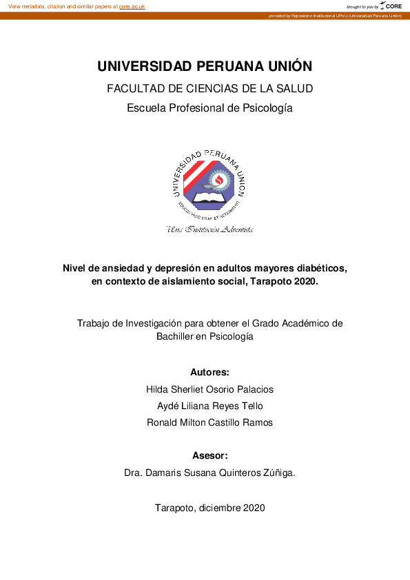 (PDF) Nivel de ansiedad y depresión en adultos mayores diabéticos, en ...