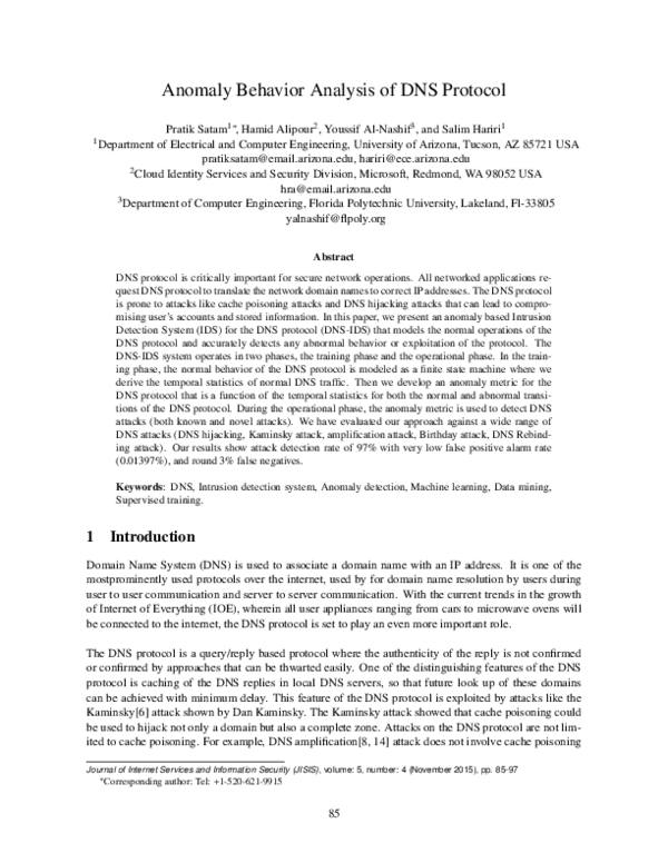 (PDF) Anomaly Behavior Analysis of DNS Protocol