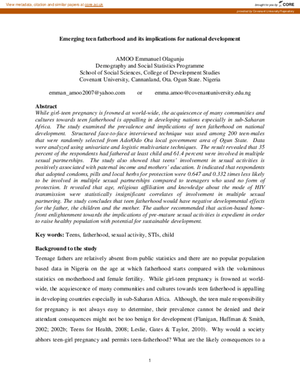 (PDF) Emerging Teen Fatherhood and Its Implications For National ...