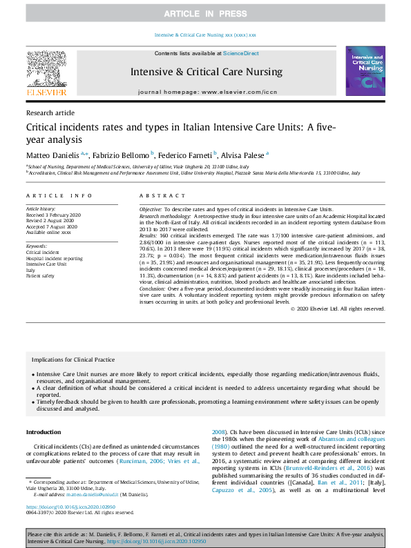 (PDF) Critical incidents rates and types in Italian Intensive Care ...