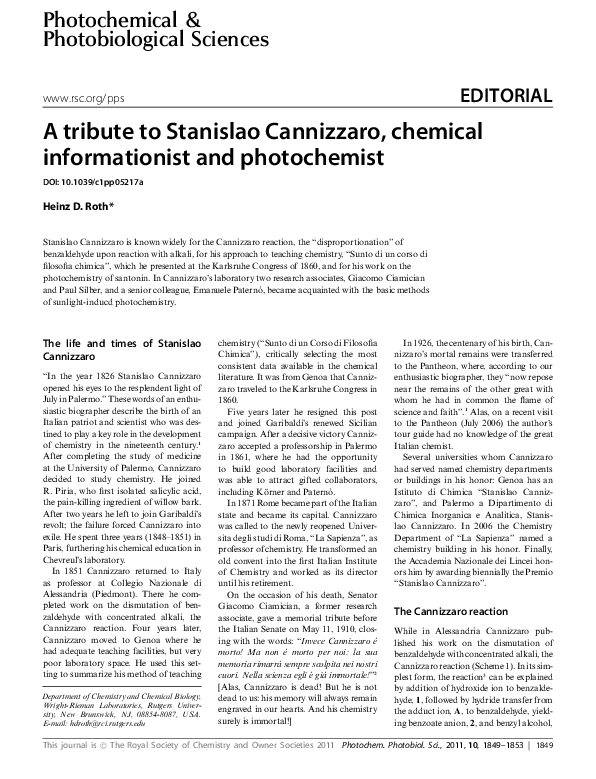 (PDF) A tribute to Stanislao Cannizzaro, chemical informationist and ...