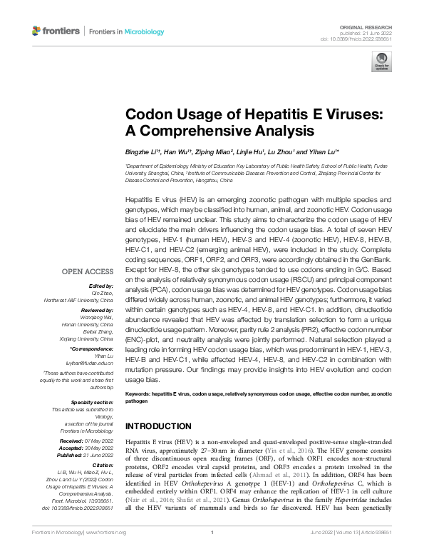 (PDF) Codon Usage of Hepatitis E Viruses: A Comprehensive Analysis