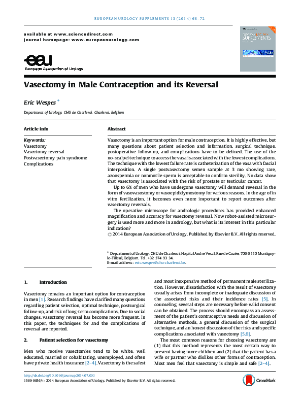 (PDF) Vasectomy in Male Contraception and its Reversal