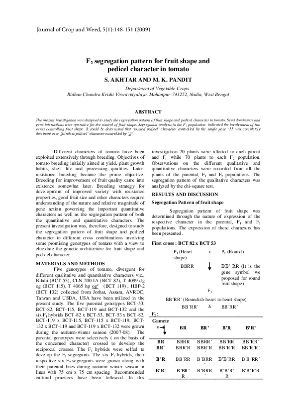 (PDF) F2 segregation pattern for fruit shape and pedicel character in ...