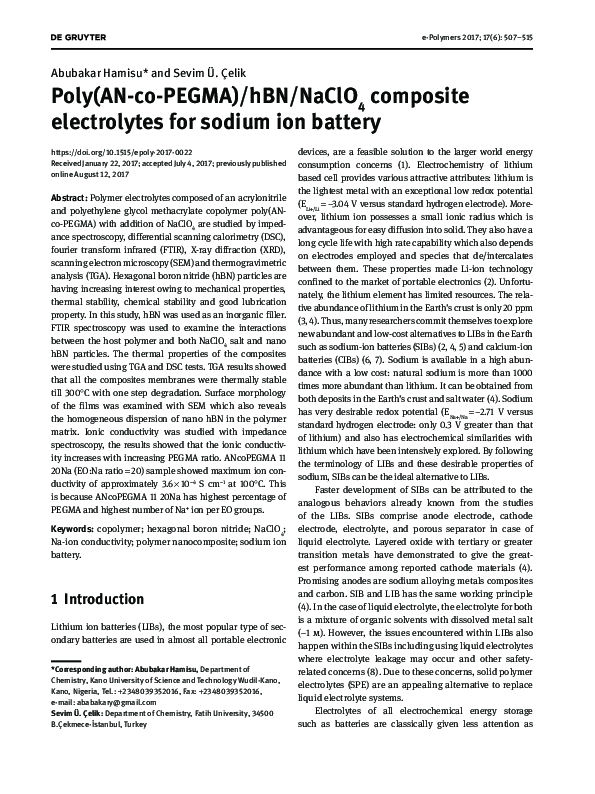 (PDF) Poly(AN-co-PEGMA)/hBN/NaClO4 composite electrolytes for sodium ...