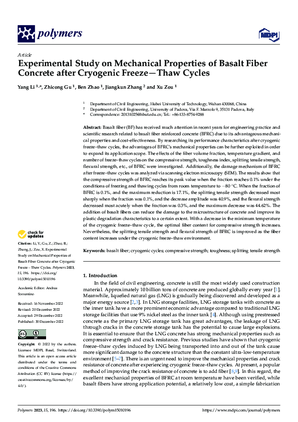 (PDF) Experimental Study on Mechanical Properties of Basalt Fiber Concrete after Cryogenic ...