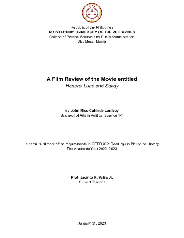 (PDF) Film Review: Heneral Luna and Sakay - Readings in Philippine History