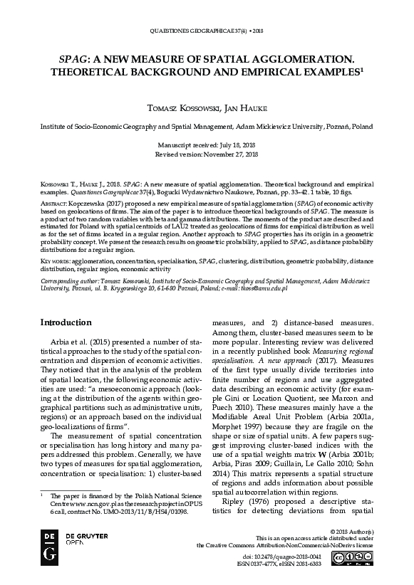 (PDF) SPAG: A NEW MEASURE OF SPATIAL AGGLOMERATION. THEORETICAL BACKGROUND AND EMPIRICAL EXAMPLES 1