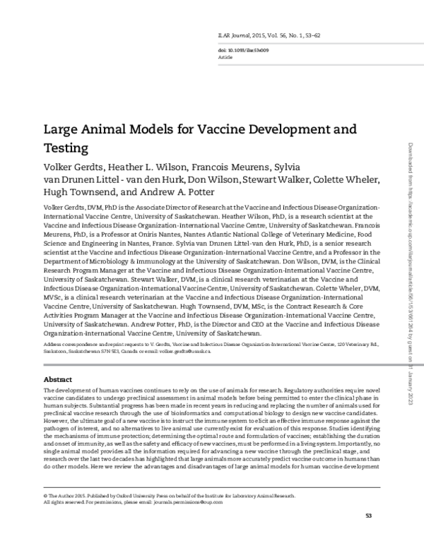 (PDF) Large animal models for vaccine development and testing | Hugh ...