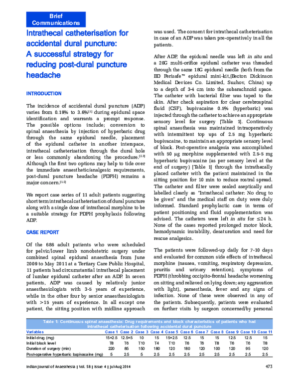 (PDF) Intrathecal catheterisation for accidental dural puncture: A ...