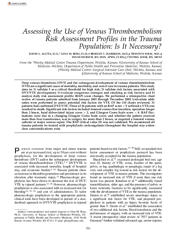 (PDF) Assessing the Use of Venous Thromboembolism Risk Assessment Profiles in the Trauma ...