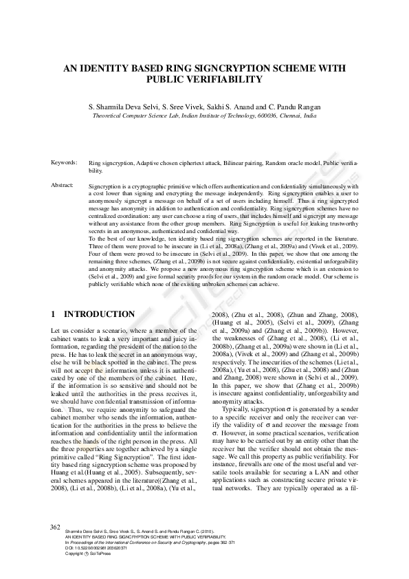 (PDF) An identity based ring signcryption scheme with public verifiability