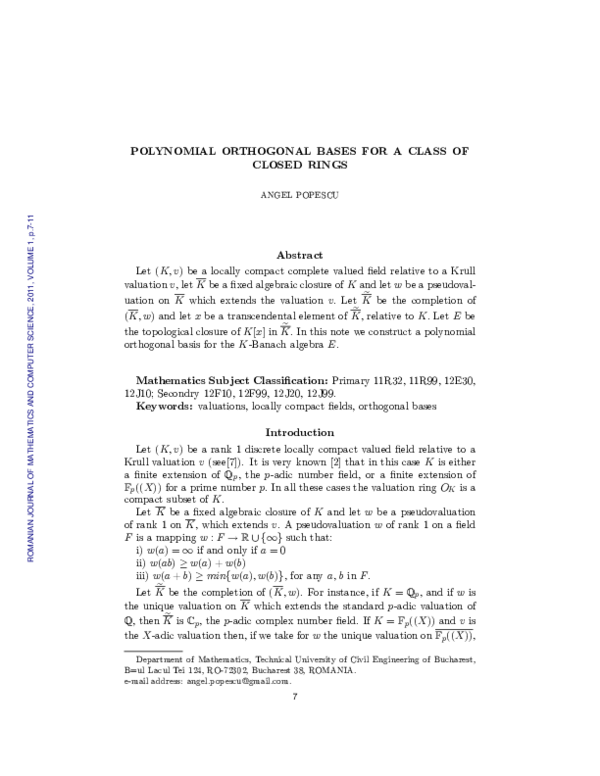 (PDF) Polynomial Orthogonal Bases for a Class of Closed Rings