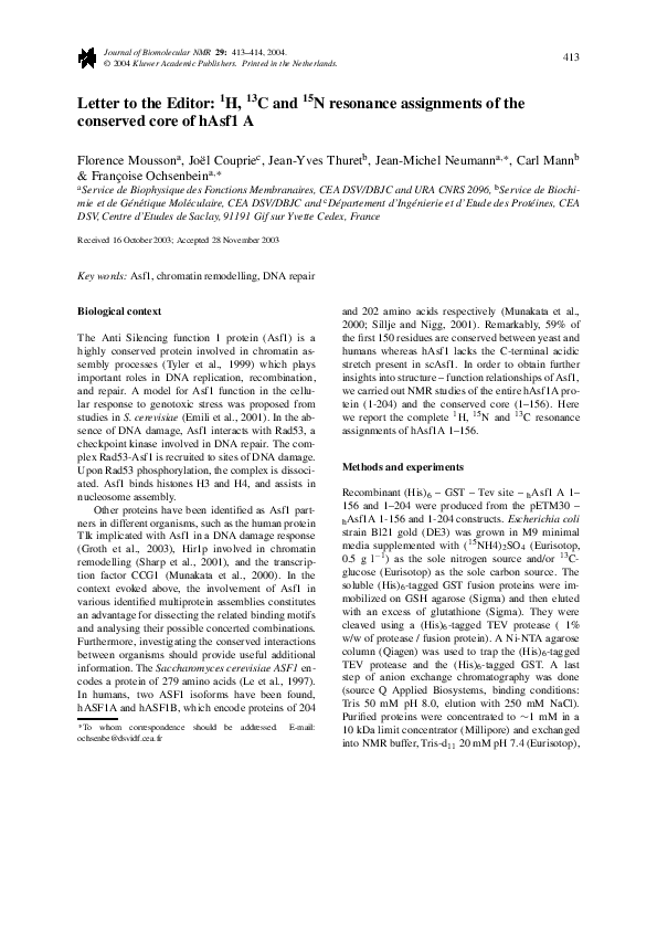 (PDF) Letter to the Editor: 1H, 13C and 15N Resonance Assignments of the Conserved Core of hAsf1 ...