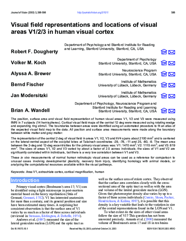 (PDF) Visual field representations and locations of visual areas V1/2/3 in human visual cortex ...