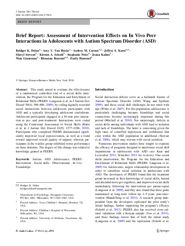 (PDF) Brief Report: Assessment of Intervention Effects on In Vivo Peer ...
