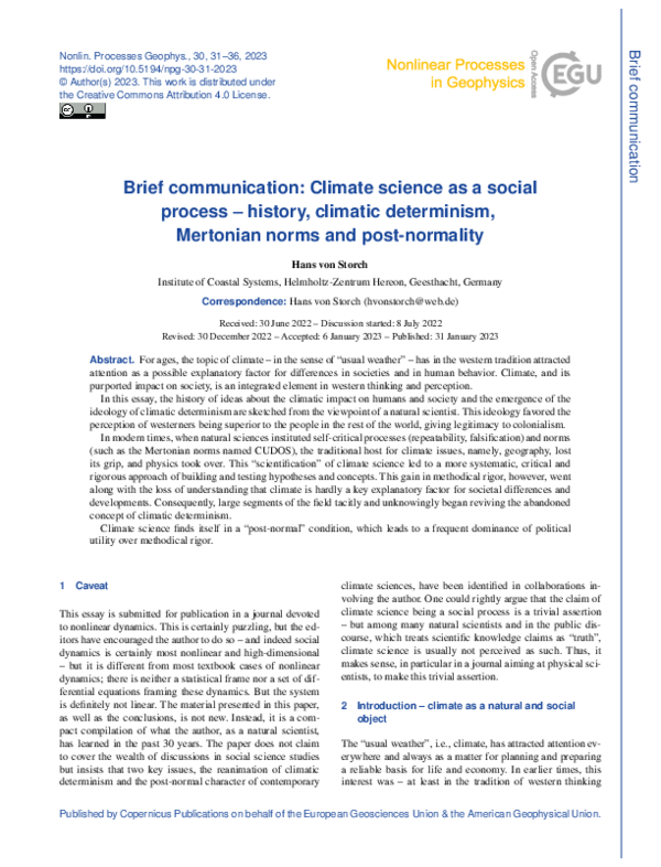 (PDF) Brief communication: Climate science as a social process -history ...