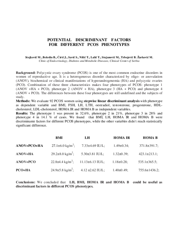(PDF) Potential discriminant factors for different pcos phenotypes