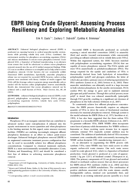 (PDF) EBPR Using Crude Glycerol: Assessing Process Resiliency and ...