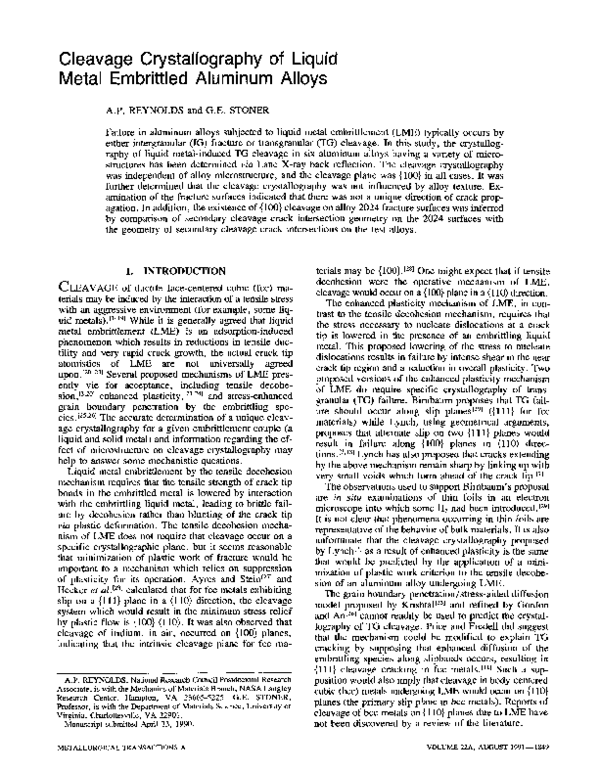 (PDF) Cleavage crystallography of liquid metal embrittled aluminum alloys