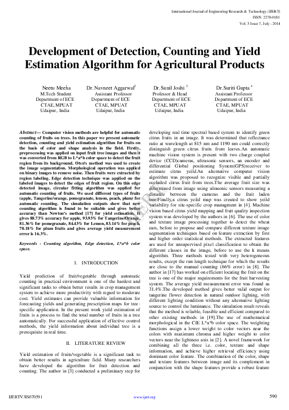 Pdf Development Of Detection Counting And Yield Estimation Algorithm For Agricultural Products