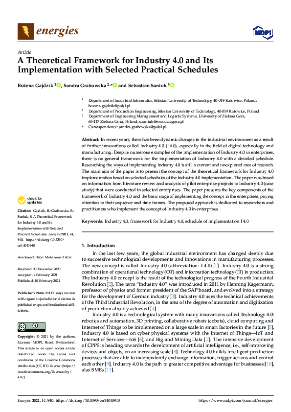 (PDF) A Theoretical Framework for Industry 4.0 and Its Implementation with Selected Practical ...