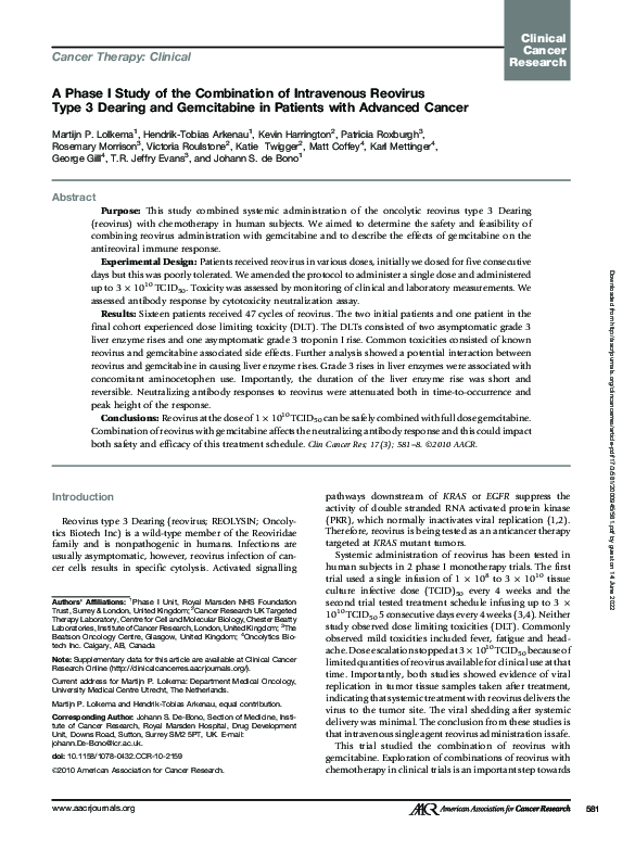 (PDF) A Phase I Study of the Combination of Intravenous Reovirus Type 3 ...